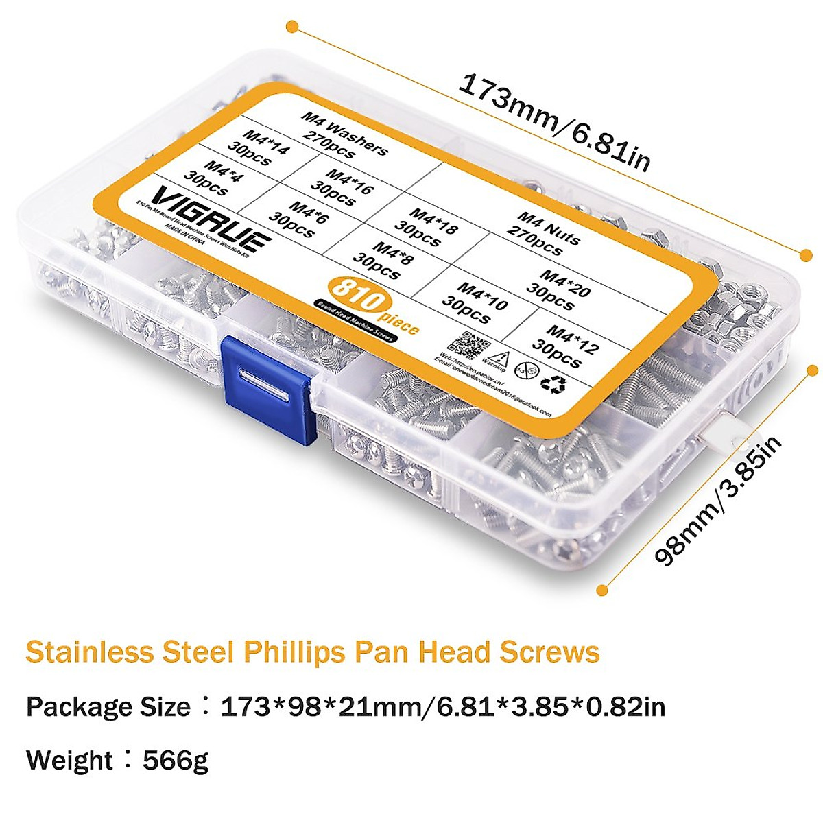 VIGRUE 810 Pcs M4 x 4/6/8/10/12/14/16/18/20 mm Screw Assortment Kit 304 Stainless Steel Machine Screws Phillips Pan Head Screws Bolts Nuts Lock Flat Washers with Storage Box