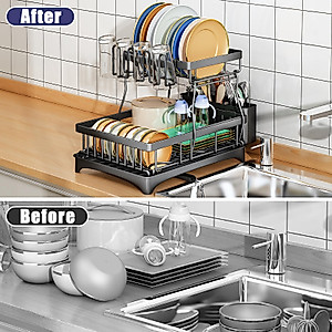 HERJOY Dish Drying Rack, Detachable 2 Tier Dish Rack and Drainboard Set, Large Capacity Dish Drainer Organizer Shelf with Utensil Holder, Cup Rack for Kitchen Counter, Black