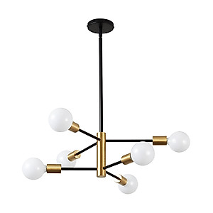 KAISITE Modern Sputnik Chandelier - 6 Light Chandelier Light Fixture Height Adjustable Mid Century Ceiling Chandelier Plating Finished Black and Gold Chandelier for Kitchen Bedroom and Foyer