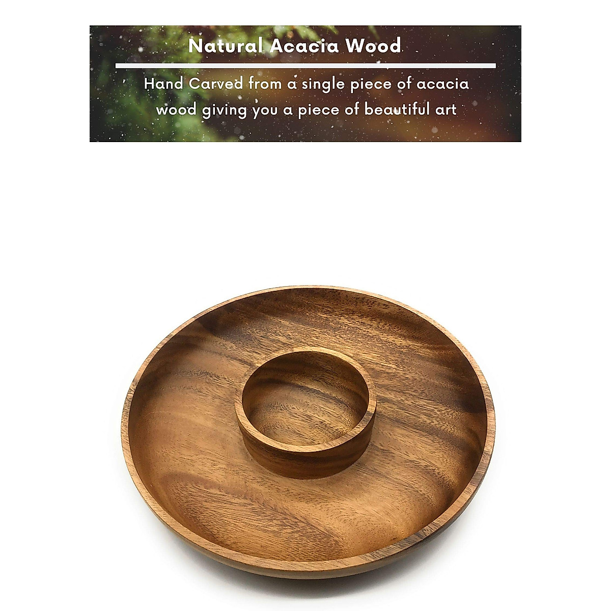 SDS Home Imports Acacia Wood Chip n Dip Bowl For Salsa and Chips Party Elegant Tray Round 9" WIDE 4" Dipping Hole