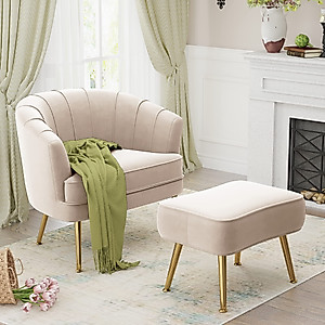 SHINEBOOM Velvet Accent Chairs with Ottoman for Living Room Bedroom Office Leisure Upholstered Single Sofa Chair Arm Chair Comfy Chair Reading Club Coffee Chair with Metal Legs, Beige