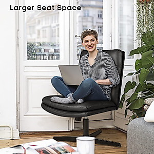 PUKAMI Criss Cross Legged Office Chair,Pu Leather Armless Office Desk Chair No Wheels,Modern Swivel Height Adjustable Wide Seat High Back Computer Task Vanity Chair for Home Office (Black)