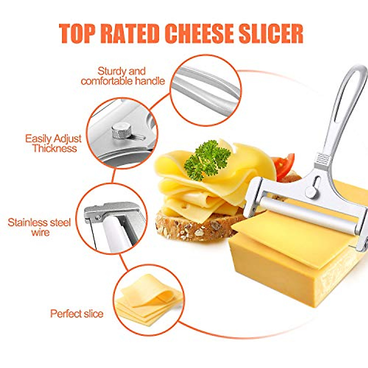 2 Pieces Stainless Steel Wire Cheese Slicer with Cheese Plane Tool, Adjustable Thickness Cheese Cutter for Soft, Semi-Hard, Hard Cheeses Kitchen Cooking Tool, Grey