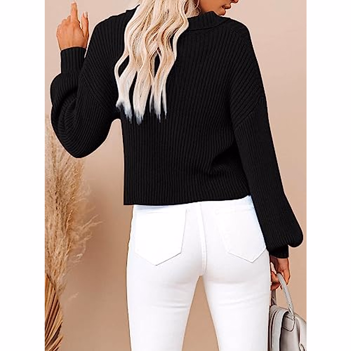 Pink Queen Women's 2023 Fashion V Neck Collared Crop Sweaters Casual Loose Lantern Long Sleeve Half Zip Slouchy Ribbed Knit Jumper Tops Black L