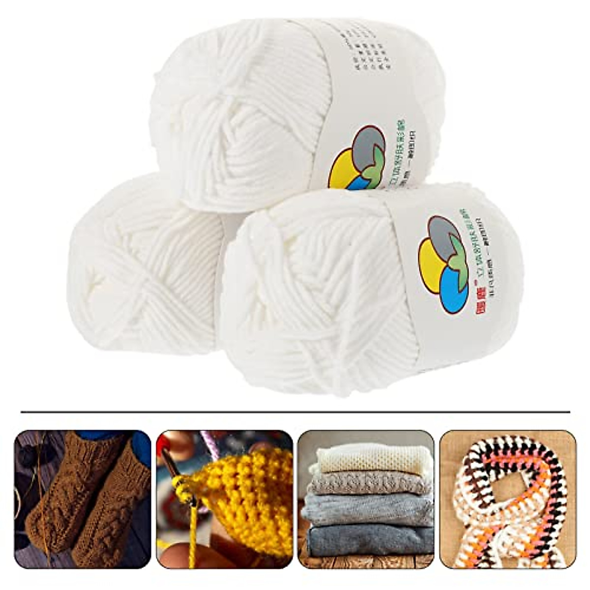 Sewroro 3 Rolls Knitting Yarn Cotton Yarn for Crocheting Cotton Heather Yarn Blanket Yarn Wool Round Rope Threads Balls Purse Yarn Pastel Yarn Sewing Thread Wool Yarn White Cream Baby Bulk