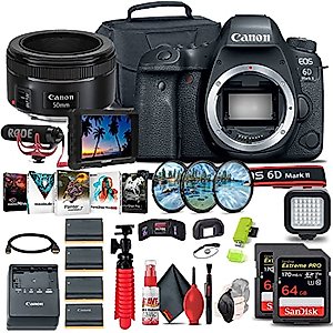 Canon EOS 6D Mark II DSLR Camera (Body Only) (1897C002) + 4K Monitor + Canon EF 50mm Lens + Pro Mic + Headphones + 2 x 64GB Card + Case + Filter Kit + Corel Photo Software + More (Renewed)