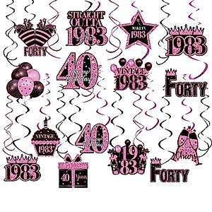 40th Birthday Decorations Women, 45pcs Happy 40 Birthday Party Supplies, 1983 40th Birthday Hanging Swirls for Her, Pink Dangling Spinners Foli Decor, Forty Years Old Bday Ceiling Party Favors