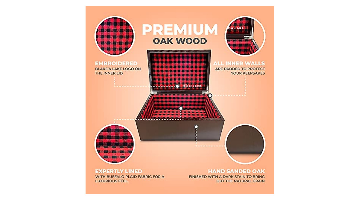 Large Oak Wooden Keepsake Box - Stylish Storage with Buffalo Plaid