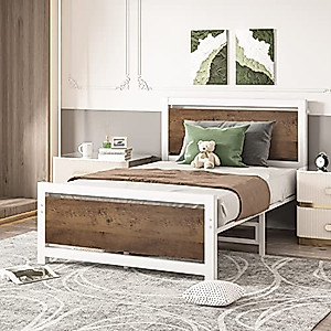 4 EVER WINNER Twin Bed Frames Wood with Headboard, Twin Size Platform Metal Bed Frame, Heavy Duty Steel Slat Twin Metal Bed Frames, No Box Spring Needed, Mattress Foundation, Anti-Slip, Easy Assembly