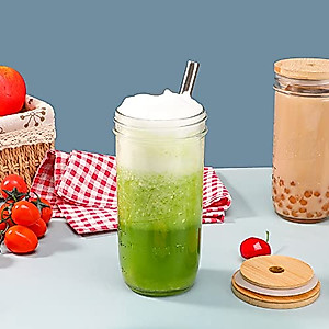 MASON 4 Pack Reusable Boba Tea Cups, Glass Jars 24oz Wide Mouth Smoothie Cups with Bamboo Lids and Silver Straws, for Drinking Bubble Tea and Iced Coffee Travel Bottle