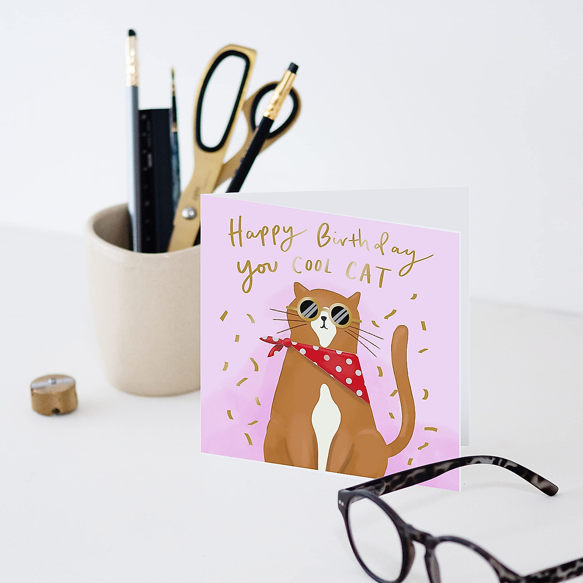 Old English Co. Cool Cat Birthday Card - Metallic Gold Foil Funny Cute Animal Greeting Card for Her and Him| Birthday Wishes for Women and Men | Blank Inside & Envelope Included