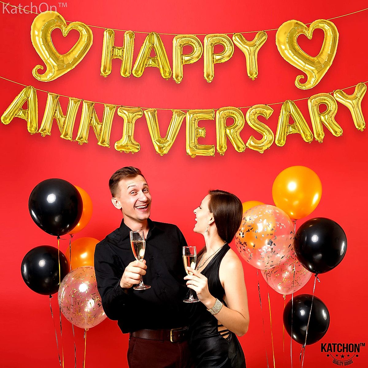 KatchOn, Gold Happy Anniversary Balloons Letters - 18 Inch, Gold Hook Heart Balloons Foil | Gold Happy Anniversary Banner for Happy Anniversary Decorations | Gold Happy Anniversary Balloon Banner