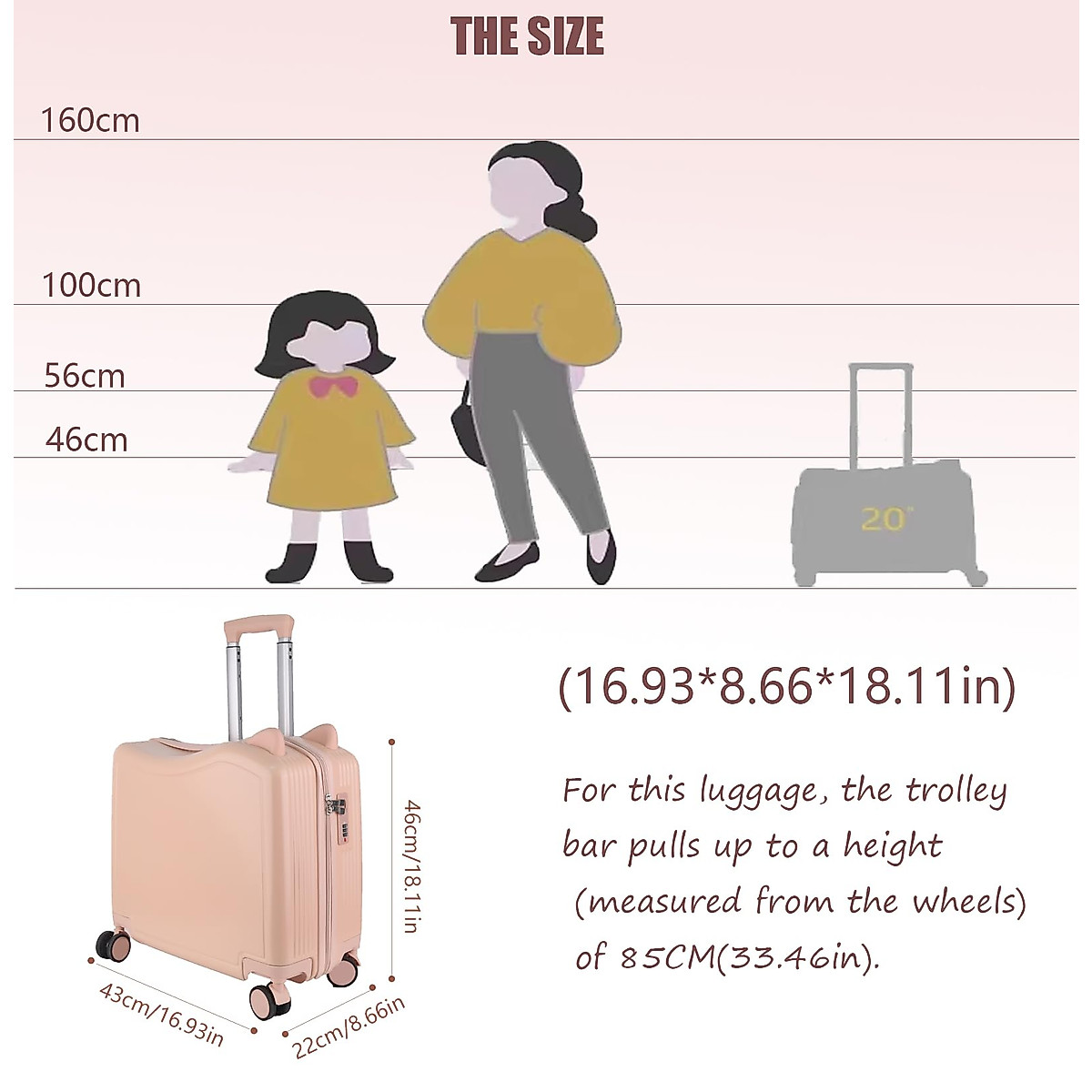 ELDA 20" Ride-On Kids Suitcase with Spinner Wheels Cute Carry on Hardside Trolly Luggage Lightweight with Combination Lock, Travel Essential
