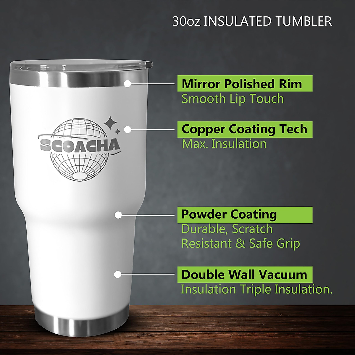 SCOACHA 30 oz Stainless Steel Double Wall Vacuum Insulated Travel Tumbler – Durable and Spill-Proof Lid – Perfect for On-the-Go, Work, and Outdoors. (White)