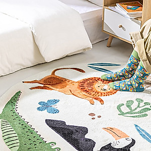 WREWING Round Rug 3.3ft, Cute Animals Large Non Slip Super Soft Plush Area Rug for Kids Room Playroom Nursery Bedroom, Educational Washable Circular Floor Mat for Home Room Decorative (Zoo)