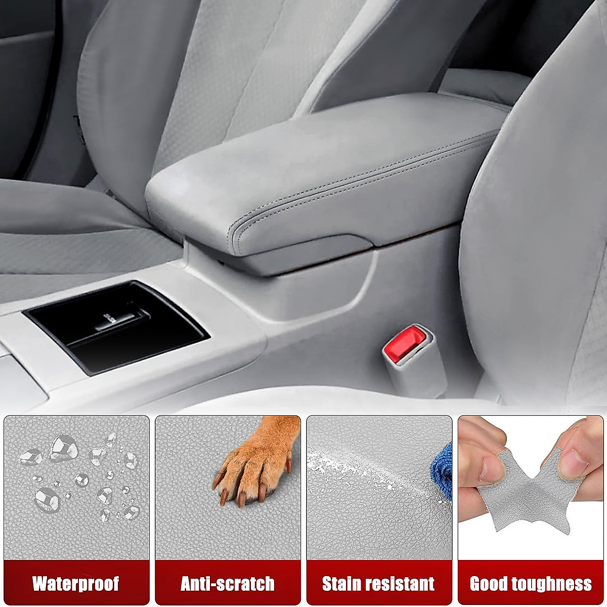 KBH Center Console Armrest Cover Replacement for Toyota Camry 2007 2008 2009 2010 2011, Vinyl Leather Trim, Car Arm Rest Replace Covering, Gray (Without Lid)