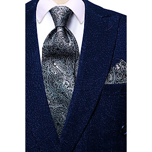 Hi-Tie Men 63inches Tie Set Extra Long Necktie Paisley Tie Pocket Suqare Cufflinks Big and Tall Men Tie,Black Grey