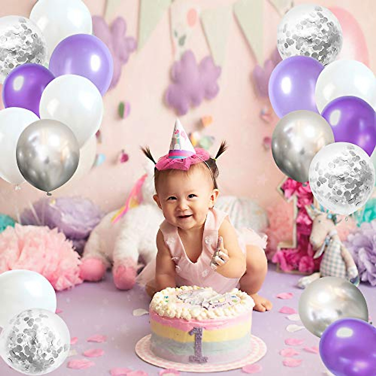 Purple White Silver Balloons 50pcs, 12 Inch Silver Confetti Balloons Latex Balloons with Purple Ribbon for Birthday Party Decoration Baby Shower Decorations