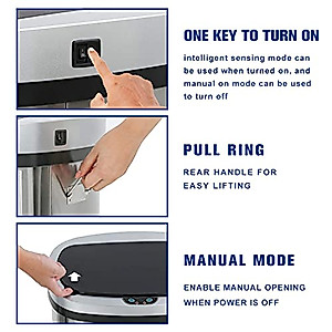 HHS 13 Gallon Kitchen Trash Can Stainless Steel Garbage Bin with Lid Automatic Touch Free High-Capacity Waste Bin Metal Soft-Close Garbage Can for Home Office Bedroom, Silver