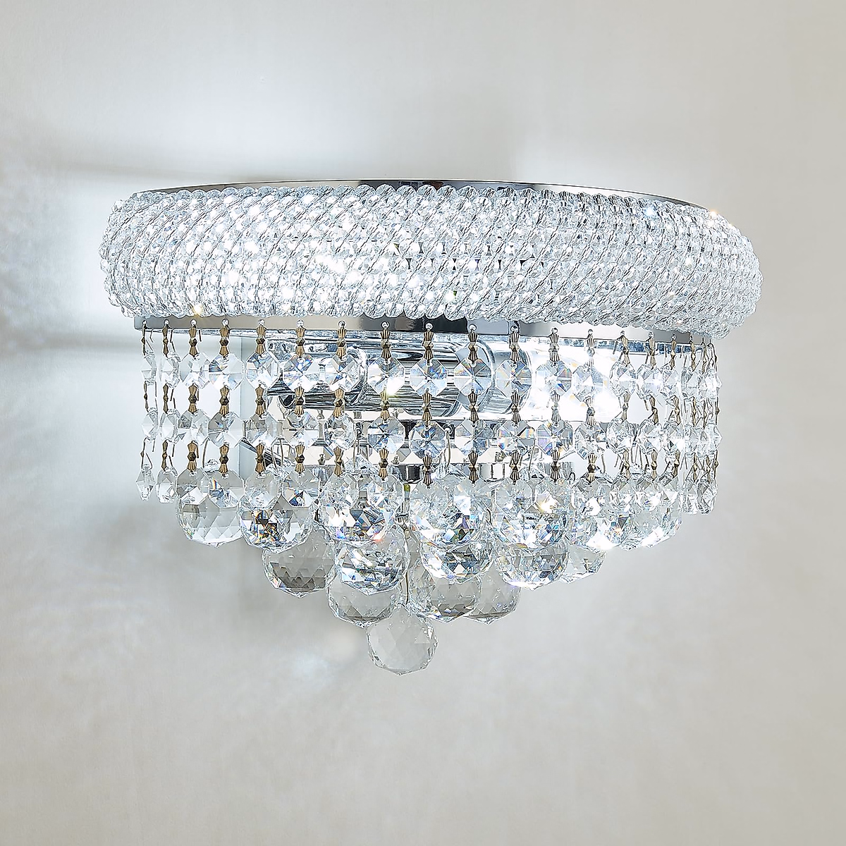 Homeooze 2-Lights Empire Crystal Wall Sconce Light for Living Room Dining Room Bathroom Vanity Mirrors Hallway Bedroom Closet Stairway (Chrome)