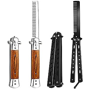 2 Pieces Wood Grain Switchblade Blade Comb Pocket Hair Brush Automatic Push Button Brush and Folding Butterfly Comb Stainless Steel Training Practice Comb Outdoor Practice Comb (Black)