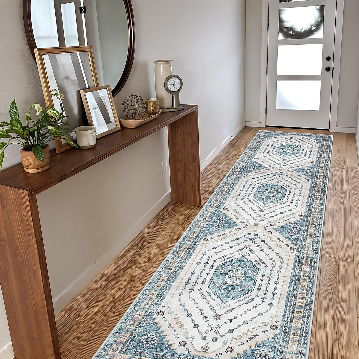 Sivilife Boho Hallway Runner Rug Washable Runner Rugs for Hallway, 2'6''X10' Extra Long Kitchen Rugs Non Slip, Blue Runner Rugs with Rubber Backing, Tribal Carpet Runner Rugs for Entryway Corridor