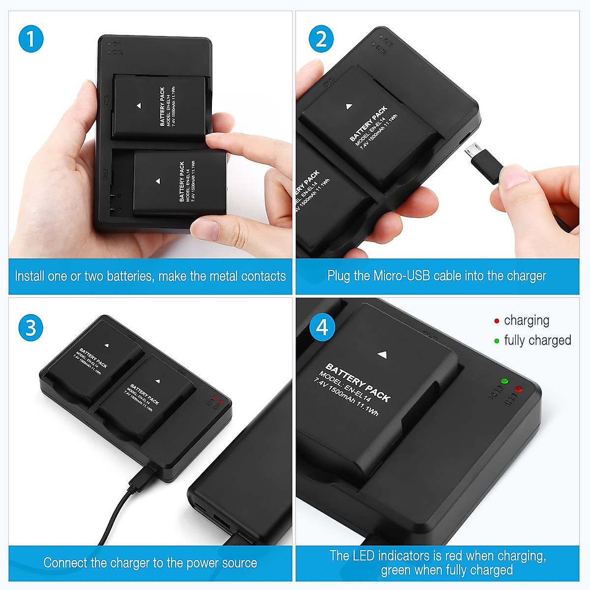 Powerextra EN-EL14 EN-EL14a Battery 2 Pack & Dual LCD Charger Compatible with Nikon D5600 D5500 D5300 D5200 D5100 D3500 D3400 D3300 D3200 D3100 Df Coolpix P7800 P7700 P7200 P7100 P7000