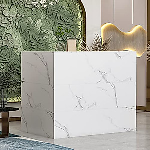 AGOTENI Reception Desk Reception Stations with Open Shelf & Drawers, L Shape Reception Table Wooden Computer Desk for Office Reception Room, Marble White