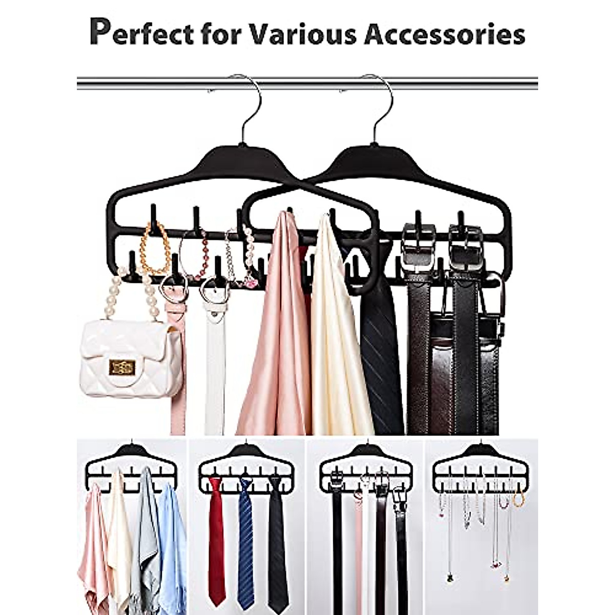 SMARTAKE 2 Pack Belt Hanger, 360 Degree Rotating Tie Rack with Hooks, Non-Slip Durable Hanging Closet Organizer Accessories Holder for Leather Belt, Bow Tie, Scarves and more, Black
