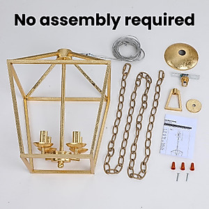 Untrammelife 4-Light Aged Gold Lantern Pendant Light, Adjustable Height Metal Geometric Light Fixture 12’’ Classic Cage Lantern Chandelier for Kitchen Island Hallway, Hand-Pasted Gold Foil Finish