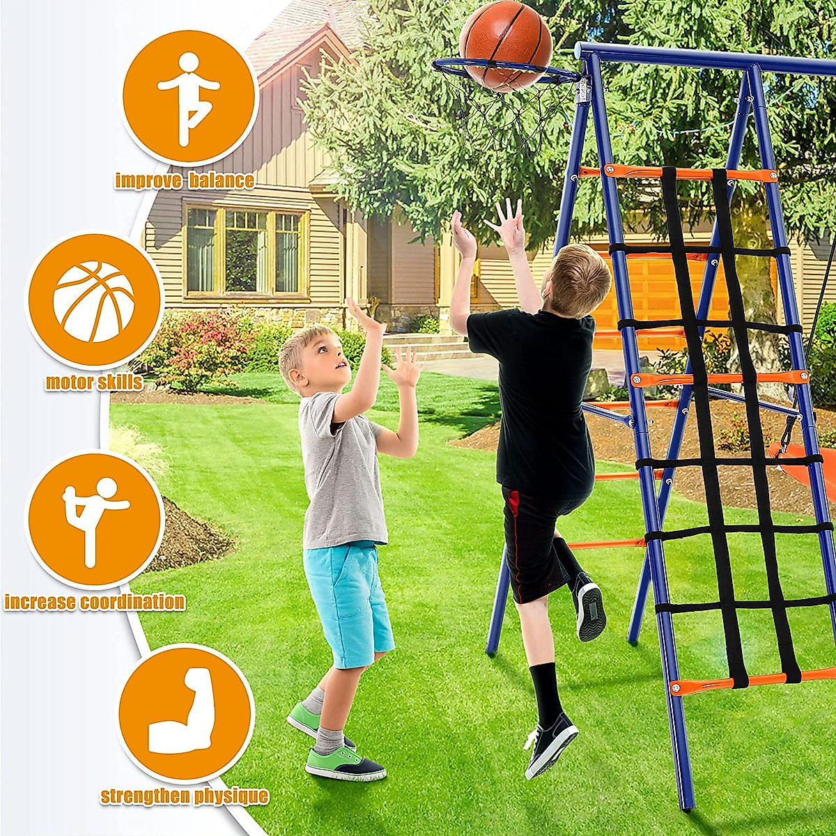 Legooin Swing Sets for Backyard, 550lbs-6 in 1 Heavy Duty Metal Swing Set with 3 Swings Climbing Net Ladder and Basketball Hoop, Waterproof Kids Swing Sets for Backyard for Indoor Outdoor Playground