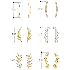 LOYALLOOK 6 Pairs Ear Cuffs Hoop Climber Earrings for Women CZ Leaf Crawler Stud Earring Ball Arrow Cuff Earrings Set, Gold
