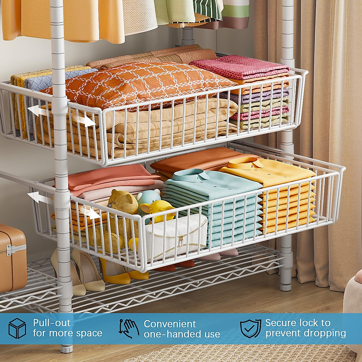 VIPEK V10C Plus Portable Closet Heavy Duty Clothes Rack with Slid Basket, Covered Wardrobe Closet, Adjustable Closet Storage Rack, White Clothing Rack with Grey Oxford Fabric Cover 86.6"Lx17.3Wx76.4 H