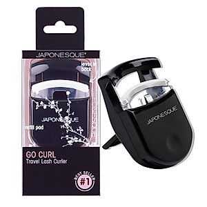 JAPONESQUE Travel Eyelash Curler, Black - Plastic Eyelash Curlers for Travel Makeup, Go Curl Lash Curler with Bonus Replacement Lash Pad - 1 Pack