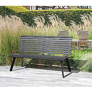 Soleil Jardin Outdoor Aluminum Garden Bench, Patio Porch Chair Furniture, Slatted Design w/Backrest, Dark Grey