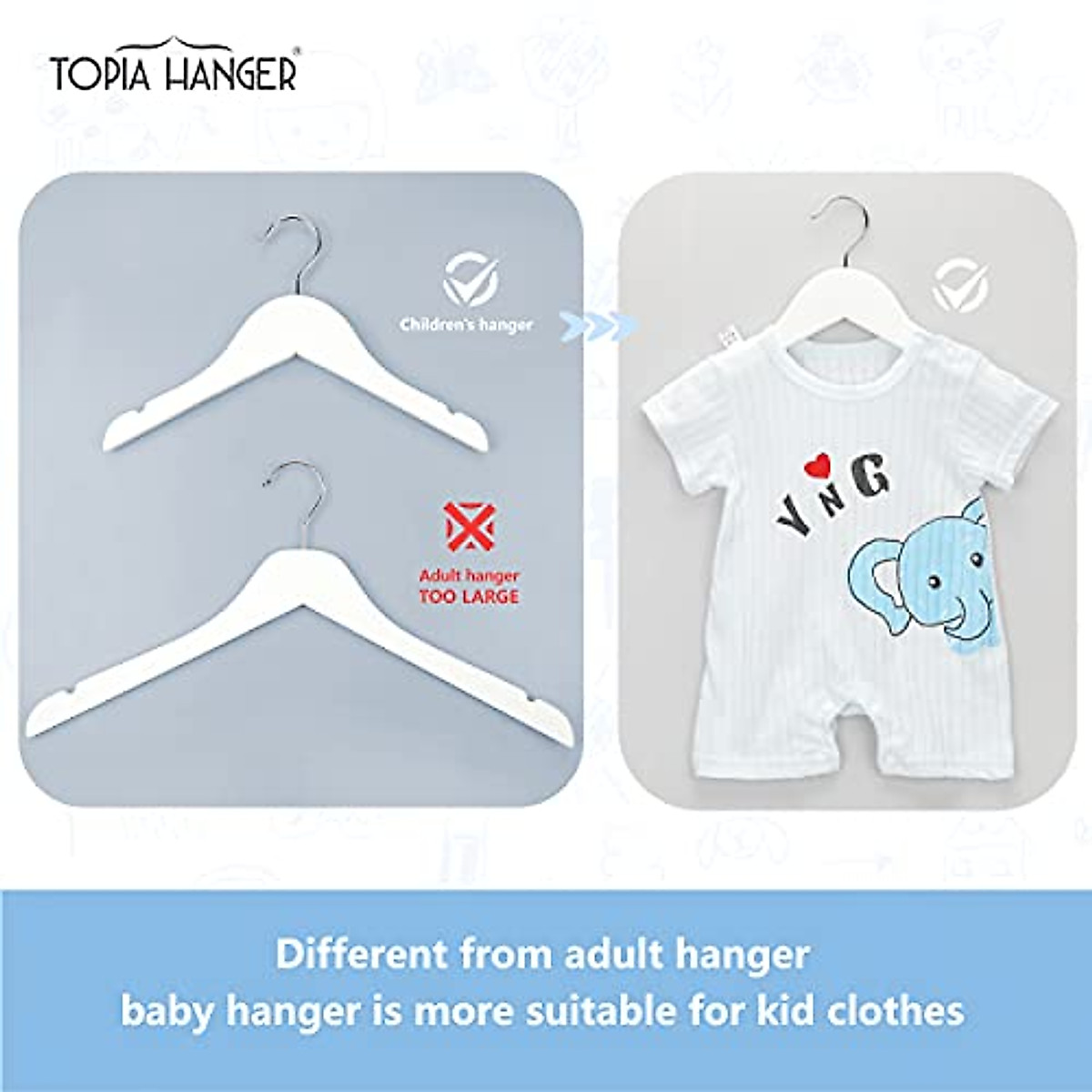 TOPIA HANGER Baby Clothes Hangers for Closet, White Children Kids Wooden Coat Hangers with 360°Stronger Swivel Hook and Extra Smoothly Cut Notches, 10 Pack-CT09W
