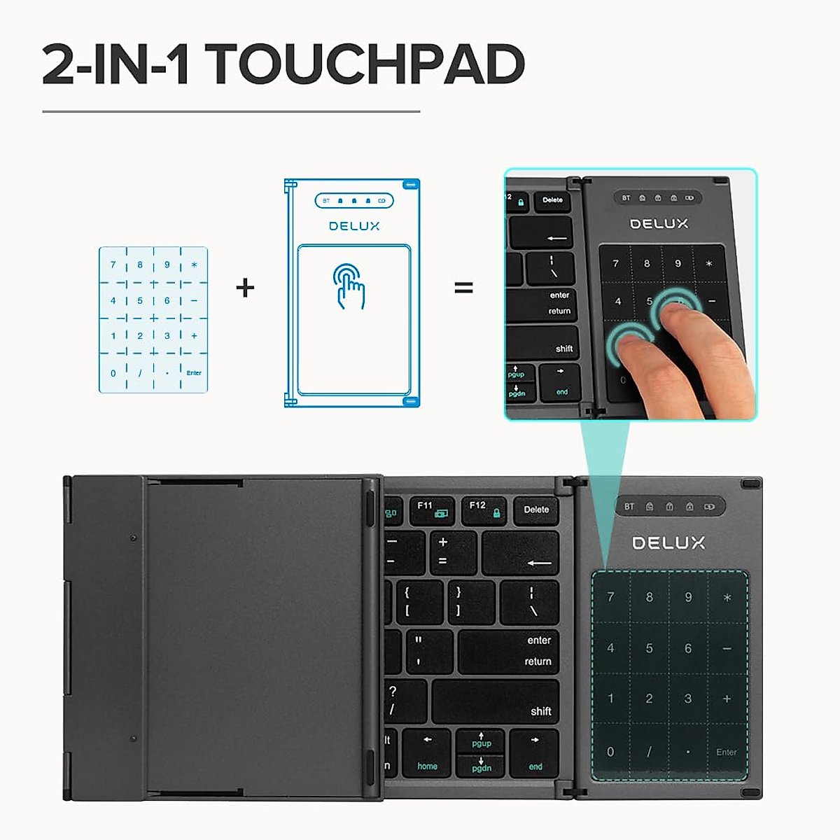 DeLUX Full Size Folding Keyboard 78 Keys, Wireless Bluetooth Keyboard with 2-in-1 Touchpad, Portable Travel Multi-Device and Multi-System Keyboard (KF17)