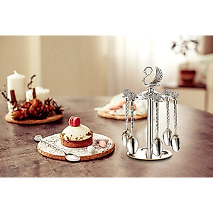 Decorative Swan Base Holder with 6 Spoons, Teaspoons, Coffee Dessert Spoons Set for Fruit, Stirring, Mixing, Sugar, Ice Cream, Cake (Silver)
