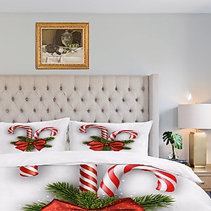 Shrahala Red Festival Christmas Duvet Cover Set King Size, Green Candy 3 Pieces Soft Brushed 100% Cotton Duvet Covers with Button Closure, 1 Duvet Cover 104x90 inches and 2 Pillow Shams