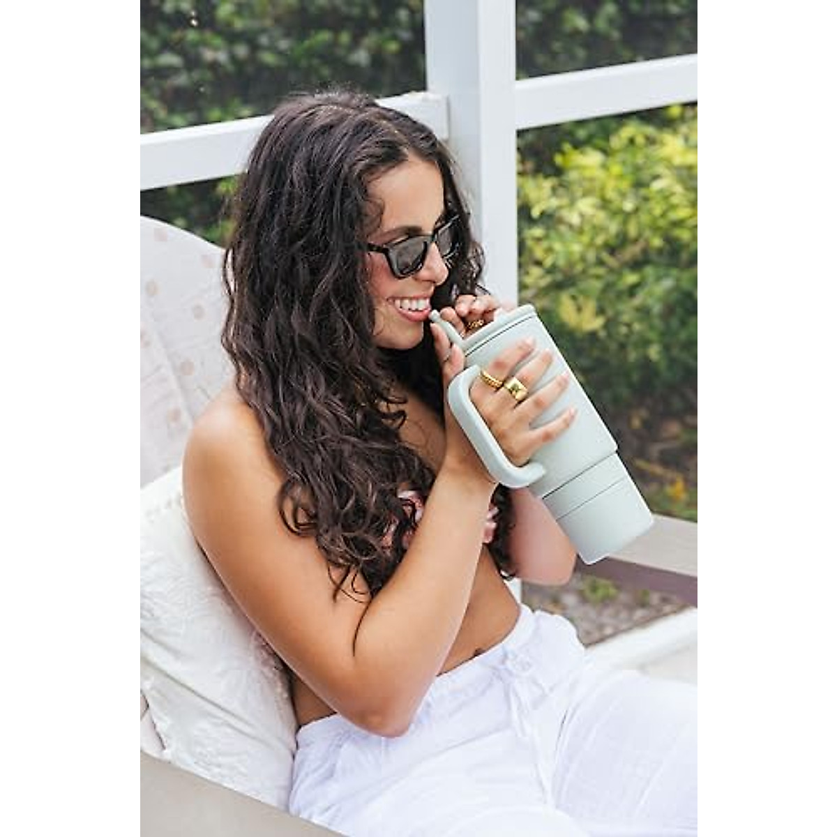 Ello Port 30oz Tumbler with Carry Loop & Integrated Handle | Vacuum Insulated Stainless Steel Reusable Water Bottle Travel Mug | Leak Proof Lid | Flexible Straw | BPA-Free | Dishwasher Safe | Sage