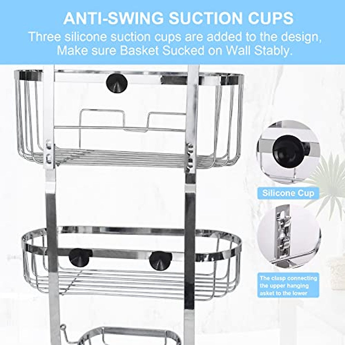 homyfort Shower Caddy Rack Over Shower Head Suction Cup and Toothbrush,cup Holder for Razor and Sponge-Shampoo Soap Organizer,Rustproof Stainless Steel, Silver(2 PACK)