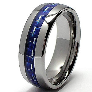 Metal Masters 8MM Dome Tungsten Carbide Ring Wedding Band W/Blue Carbon Fiber Inlay Size 8.5