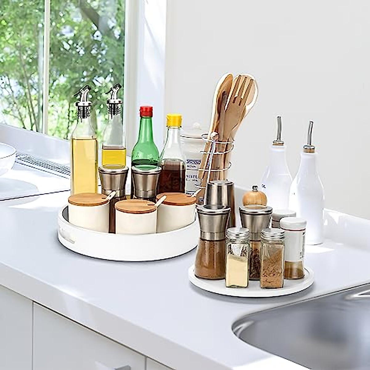 Lazy Susan Organizer for Countertop, 12 Inch & 10 Inch Bamboo Condiment Organizer, Wooden Lazy Susan Turntable Organizer for Cabinet Pantry Kitchen Counter Dining Table Cupboard, Decorative Tray White