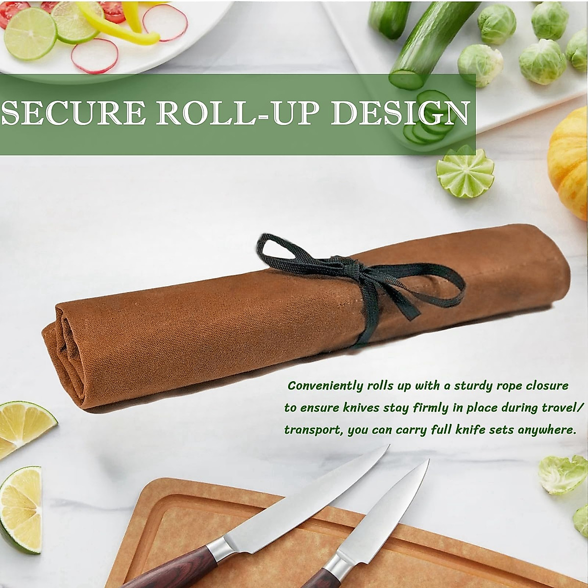 BLIRITEL Knife Roll, Waxed Canvas Chef Knife Roll Bag, 8 Knife Slots for Cutlery Knives, Portable Knife Bag Knives Pouch Holder protectors with 8 PCS Knife Sheath for Kitchen Travel Camping