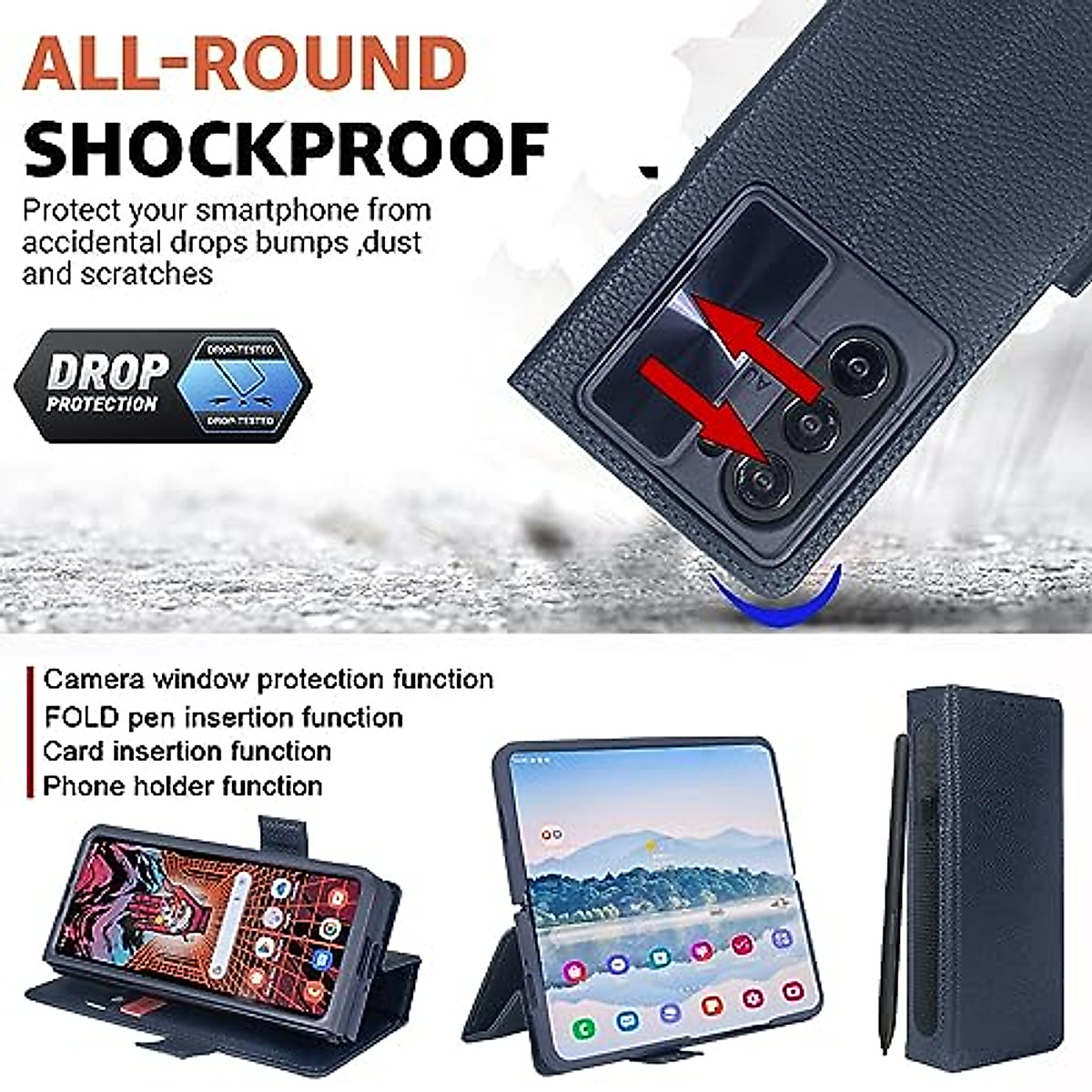 KUGEW for Samsung Galaxy Z Fold 5 Case with S Pen Holder & Camera Cover, Luxury Leather Wallet Phone Cover Built-in S Pen Slot Kickstand Function Card Holder Hinge Protection Shockproof (Blue)