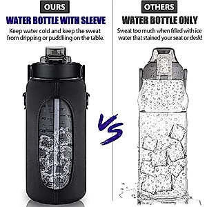 Rewfig Half Gallon Water Bottle with Sleeve & Strap 64 OZ Motivational Water Bottle with Straw & Time Marker to Drink Leakproof Tritan BPA Free Workout Gym Sport Water Jug, Sports Bottle