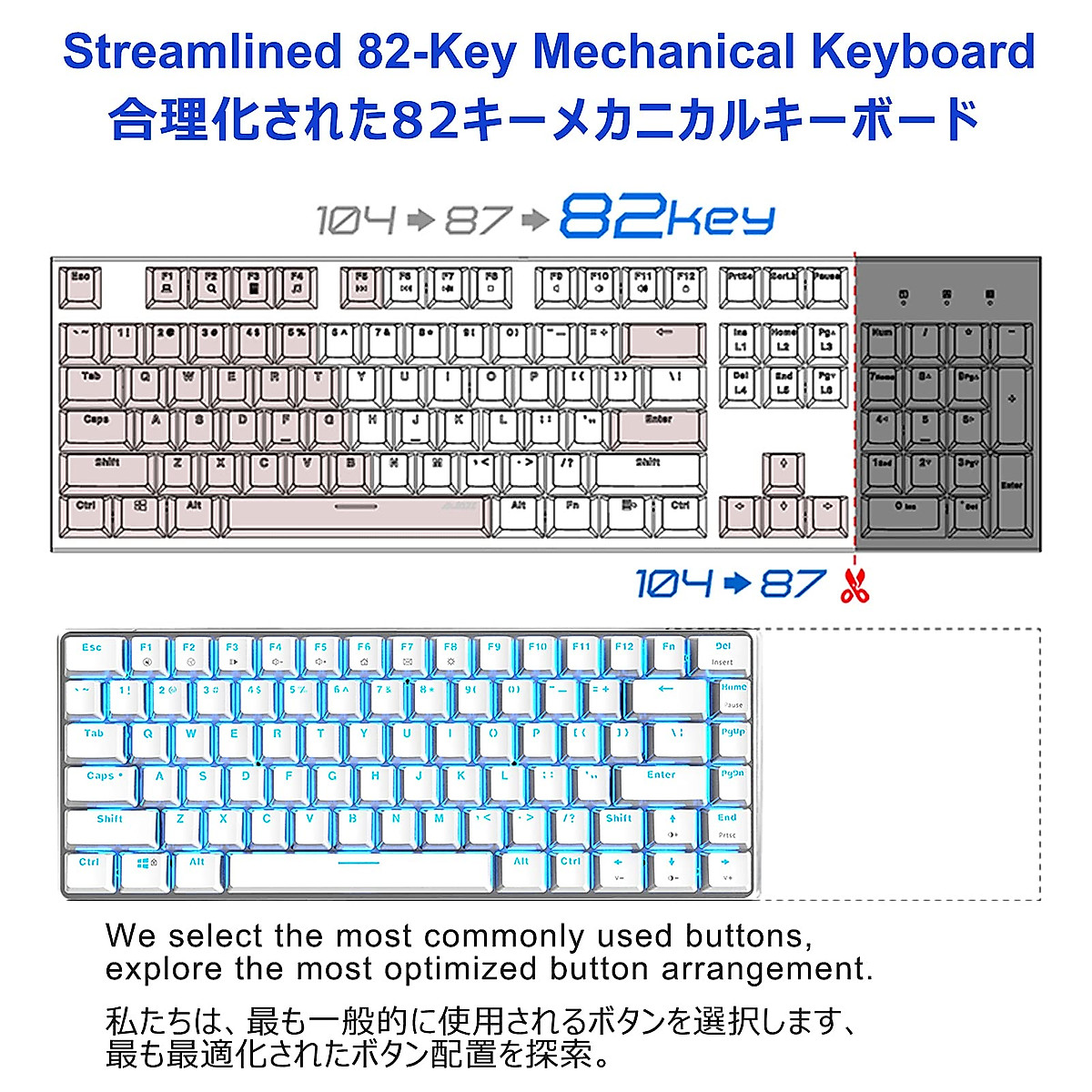 Lomiluskr AK33 Wired Mechanical Keyboard, 82-Keys Compact Mechanical Gaming Keyboard with Anti-ghosting Keys, Small and Portable (Blue Switch/Blue Backlight, White)