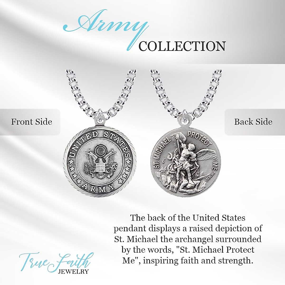 TrueFaithJewelry Sterling Silver United States Army Service Medal with St Michael Patron Saint Archangel Pendant Necklace, 3/4 Inch
