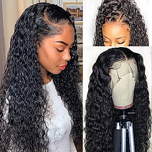 Nervoss Water Wave 13x4 HD Transparent Lace Front Wigs Human Hair Pre Plucked Deep Wave Glueless Wigs Human Hair 180% Denisty Lace Frontal Wigs Human Hair for Women Natural Black Color 22 Inch
