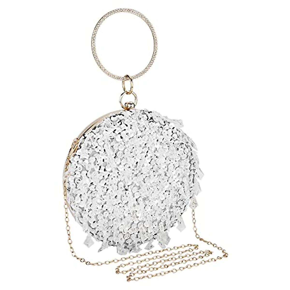 Tanpell Womens Evening Bag Round Beaded Clutch Handbag Sequins Bridal Wedding Purse for Cocktail Party (Silver)